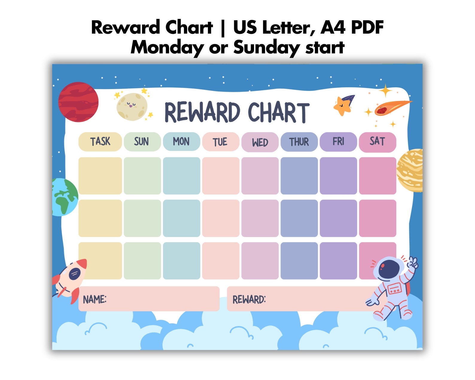 Space Reward Chart Toddler, Printable Sticker Chart, Kids Chore Chart ...