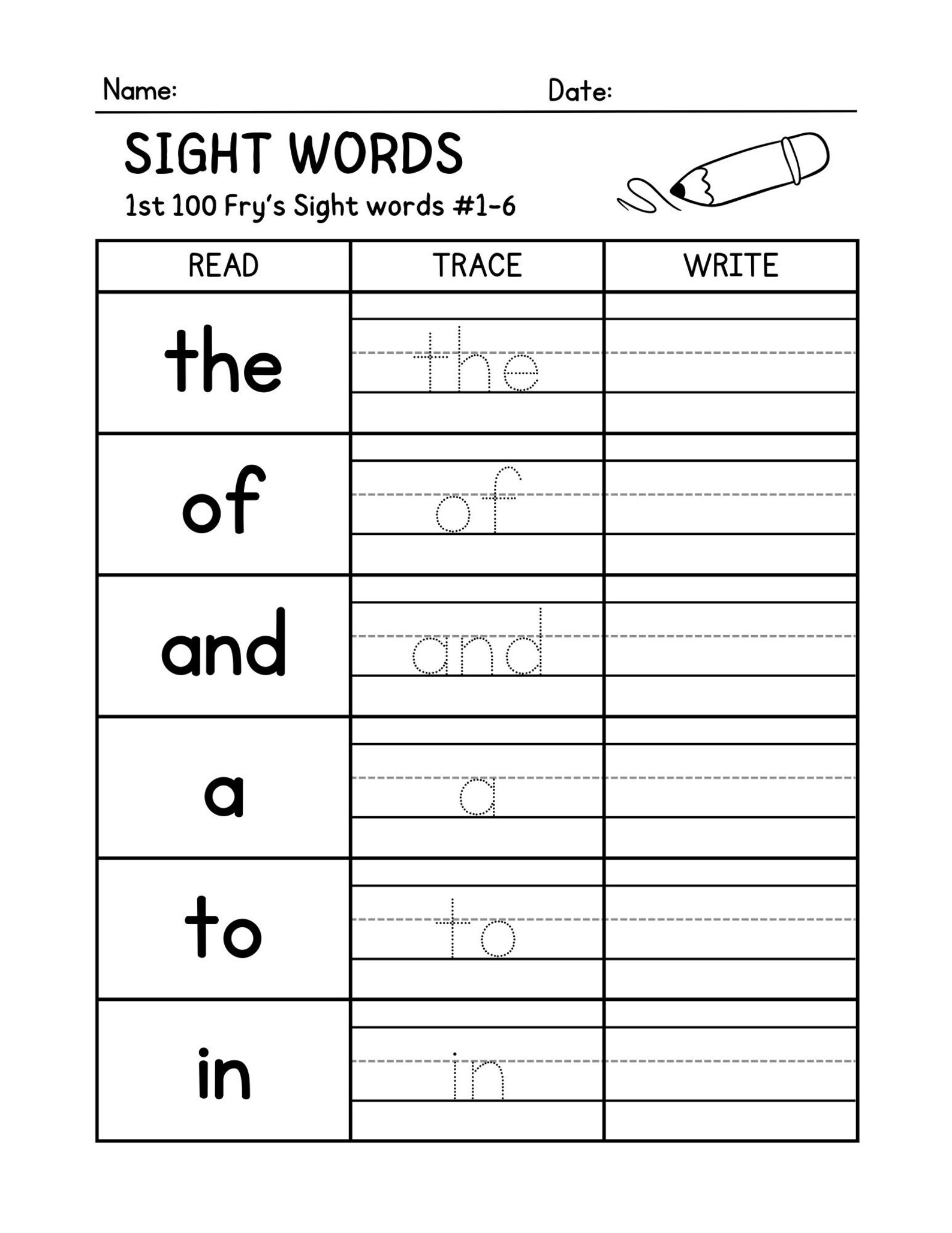 100 Printable Sight Words, 1st 100 Fry Sight Words, Kindergarten Sight ...