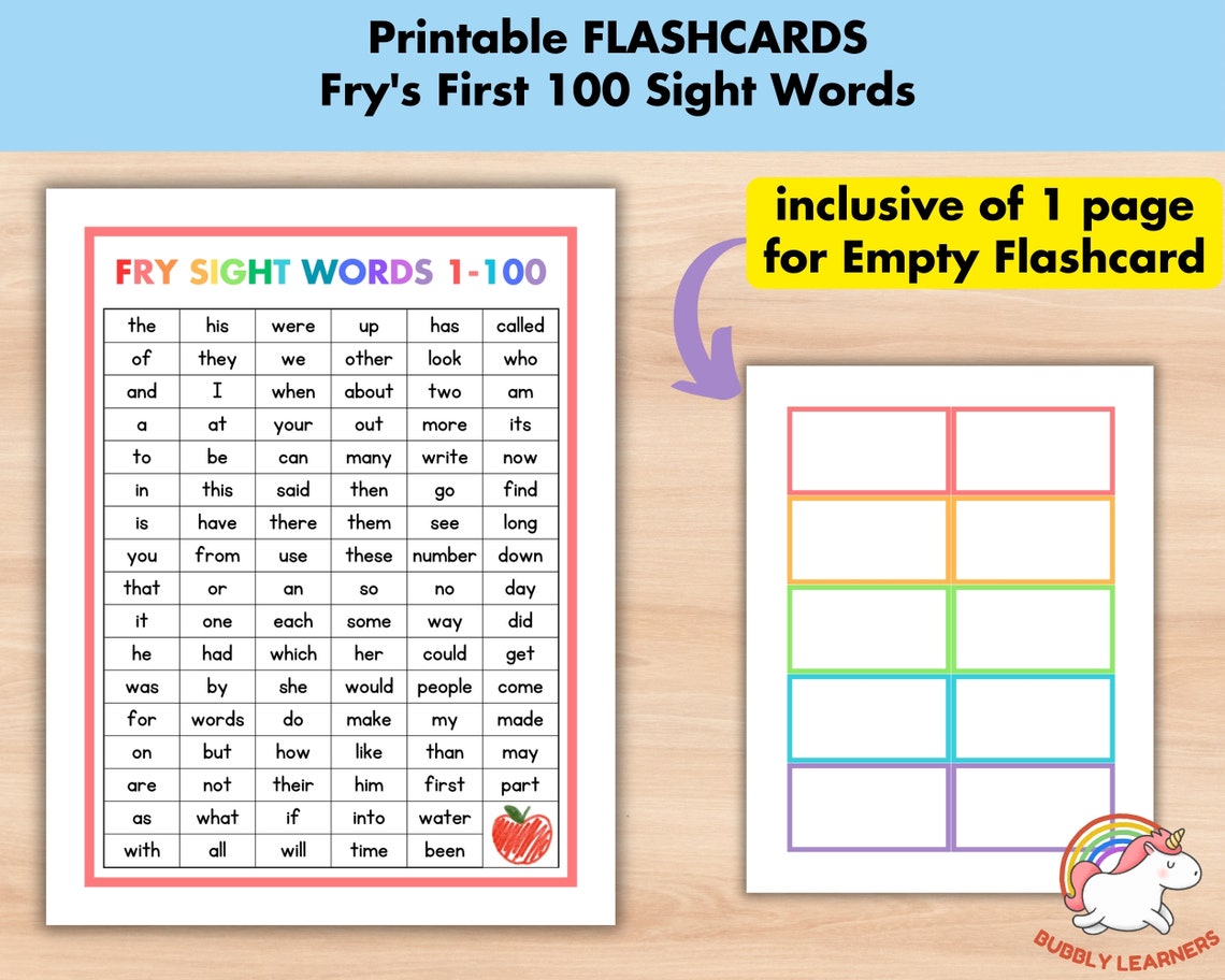 100 Printable Fry's First Hundred Sight Word Flashcards, Kindergarten ...