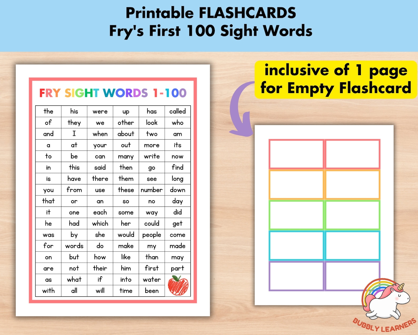 100 Printable Fry's First Hundred Sight Word Flashcards, Kindergarten ...
