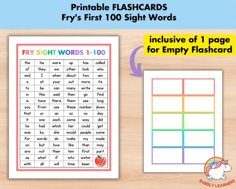100 Printable Fry's First Hundred Sight Word Flashcards, Kindergarten ...