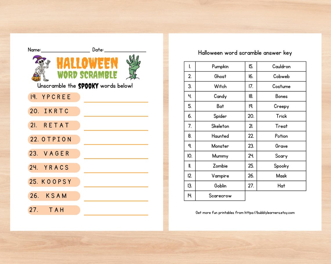 Halloween Word Scramble, Printable Halloween Party Game, Halloween ...