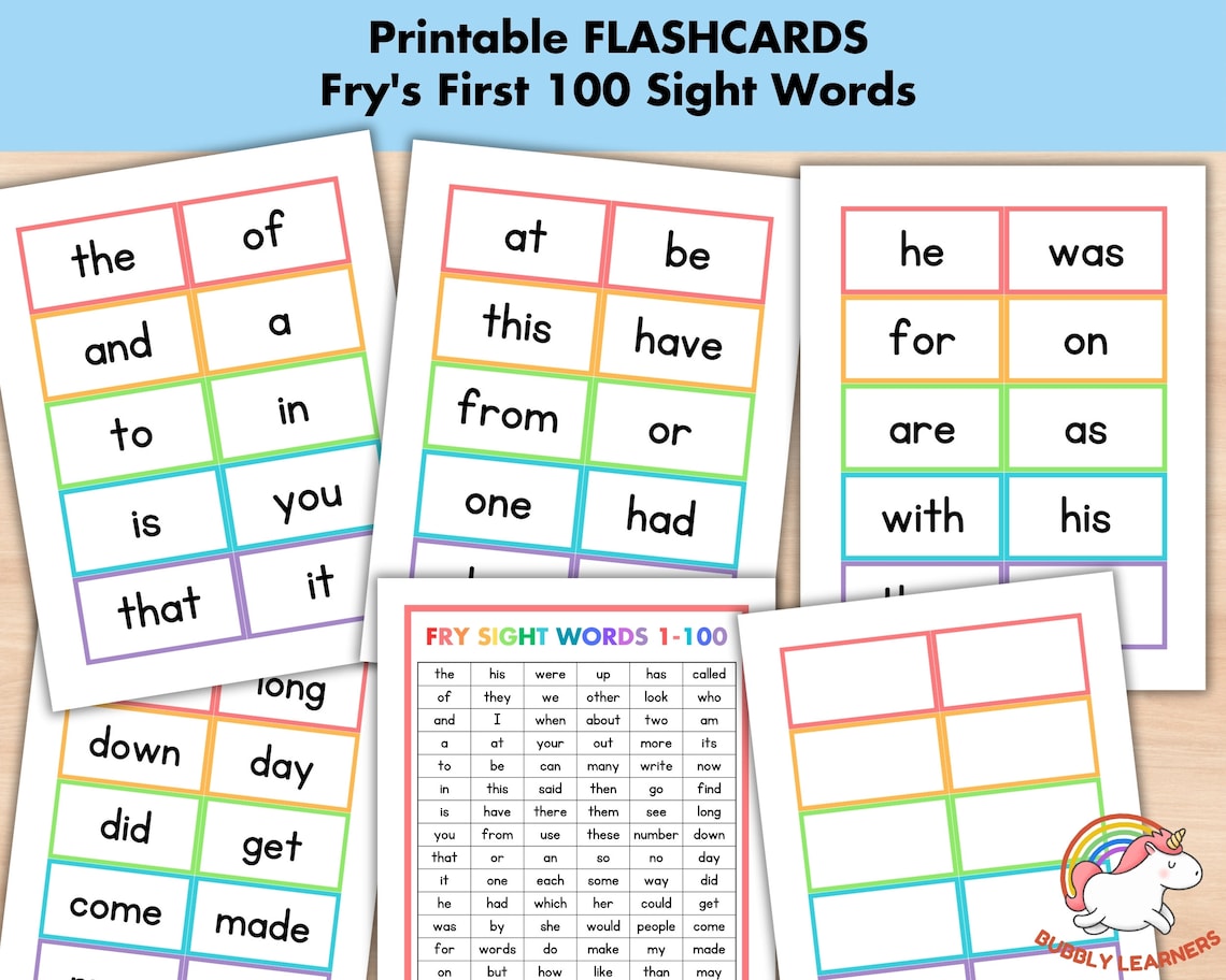100 Printable Fry's First Hundred Sight Word Flashcards, Kindergarten ...