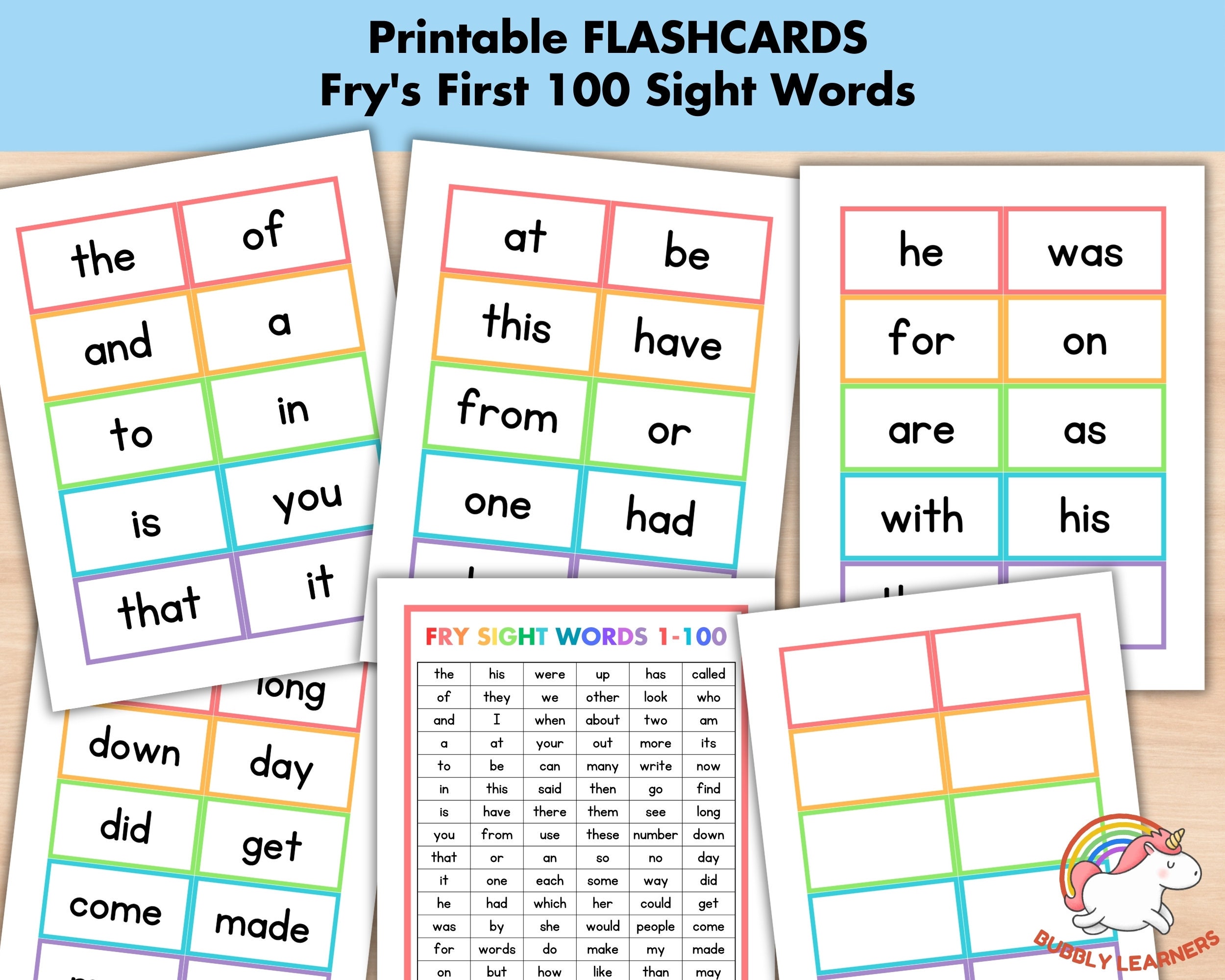 100 Printable Fry's First Hundred Sight Word Flashcards, Kindergarten ...