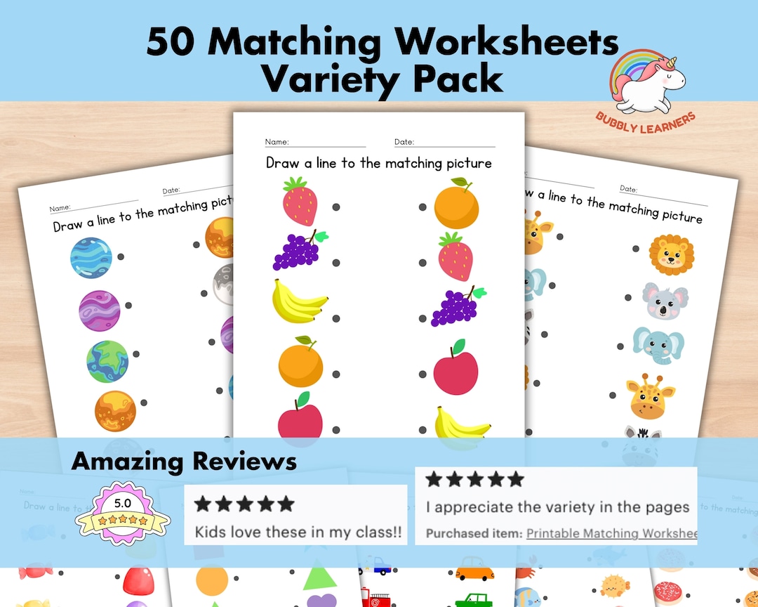 50 Printable Matching Worksheets, Match the Picture, Kindergarten ...