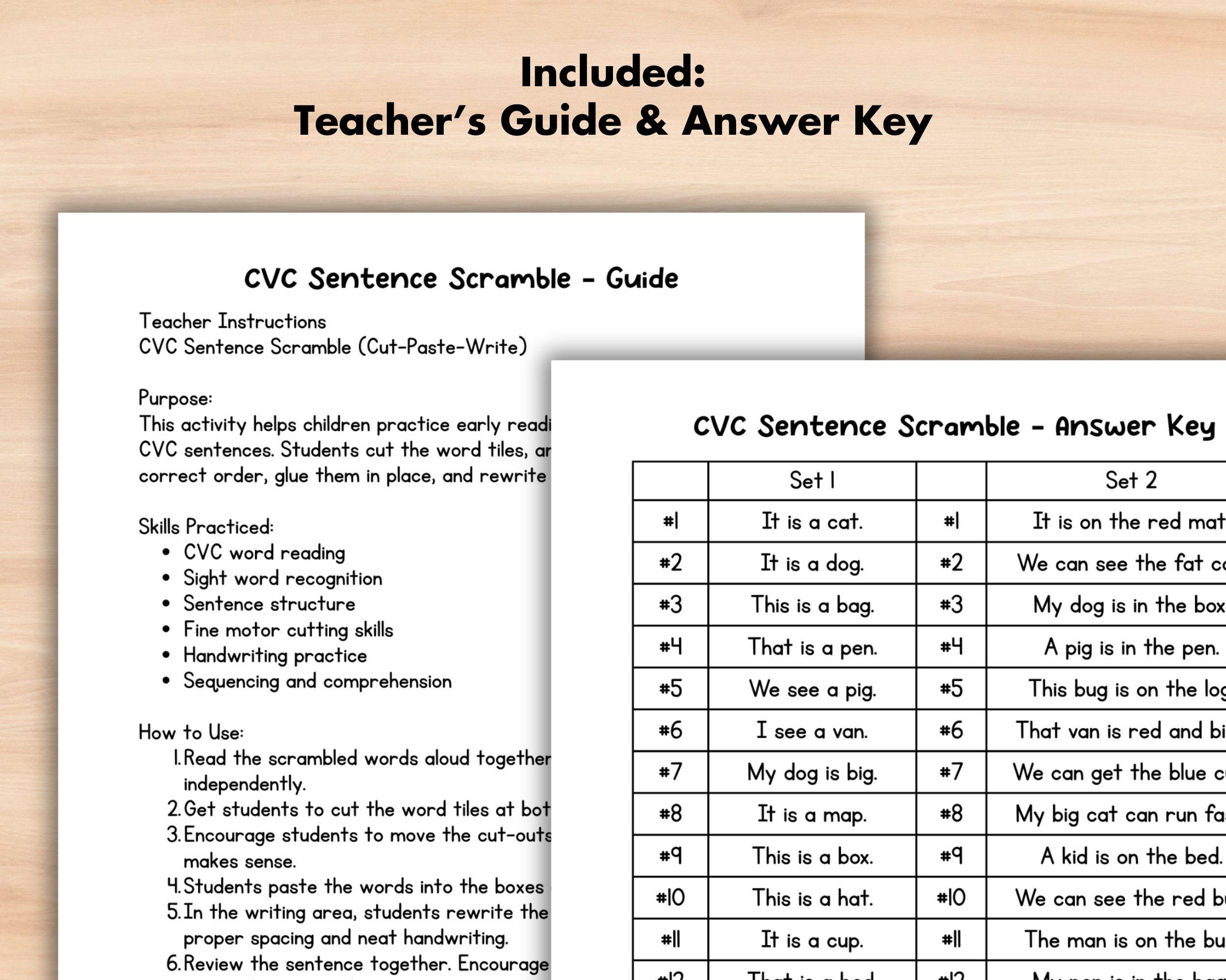 CVC Sentence Scramble Worksheets, Printable PDF 4-word and 6-word Cut ...