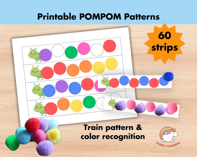 60 Printable Pom Pom Pattern Activity Card, Kindergarten Preschool ...