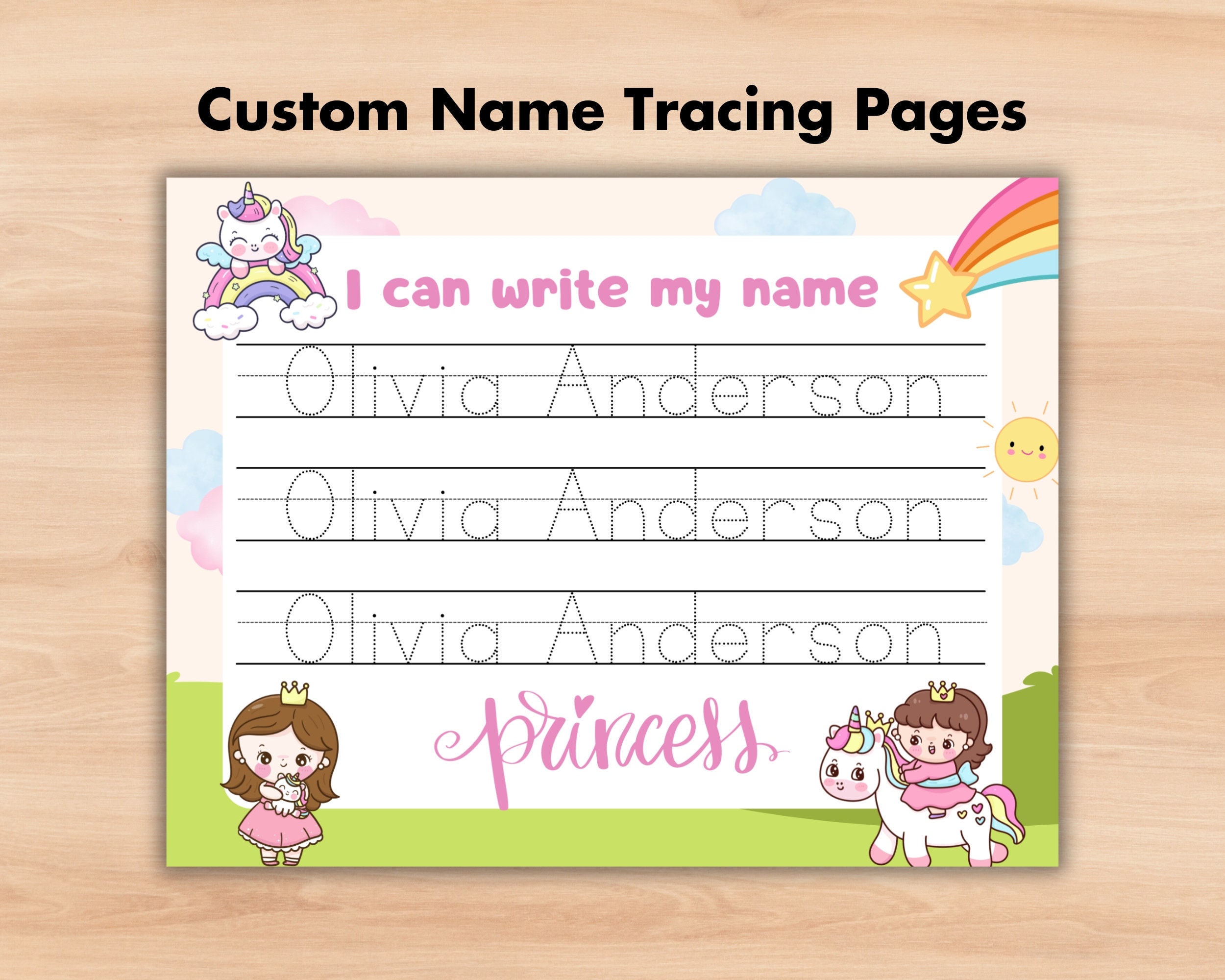 Princess Custom Name Tracing Sheet Unicorn Personalised Name Trace ...