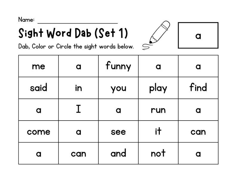 Dolch Sight Words Dab It Worksheet, Sight Word Activity, Printable ...