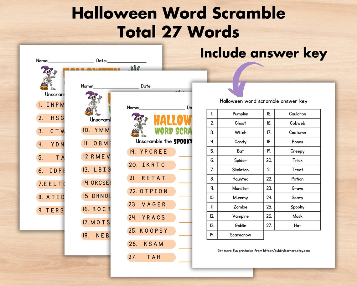 Halloween Word Scramble, Printable Halloween Party Game, Halloween ...