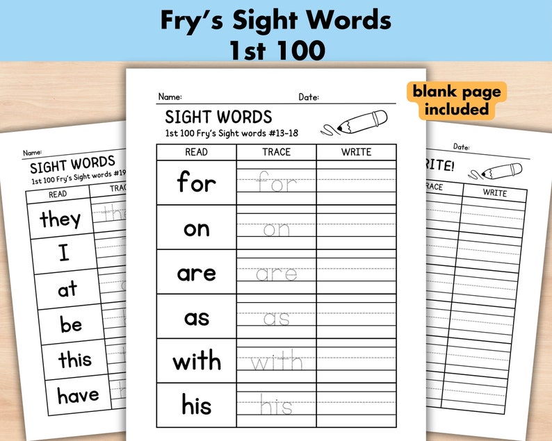 100 Printable Sight Words, 1st 100 Fry Sight Words, Kindergarten Sight ...