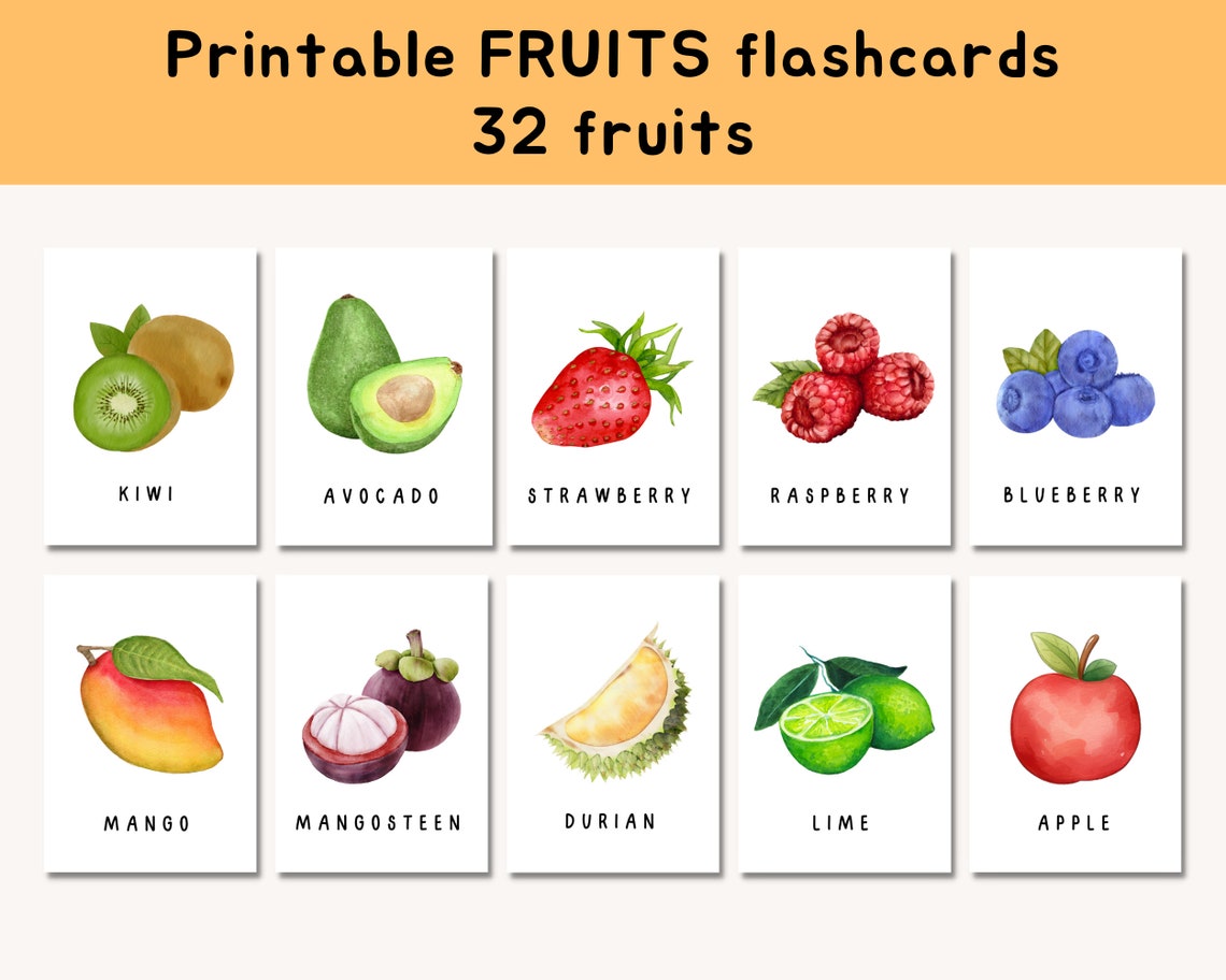 32 Fruits Flashcards Preschool Cards Educational Printable - Etsy