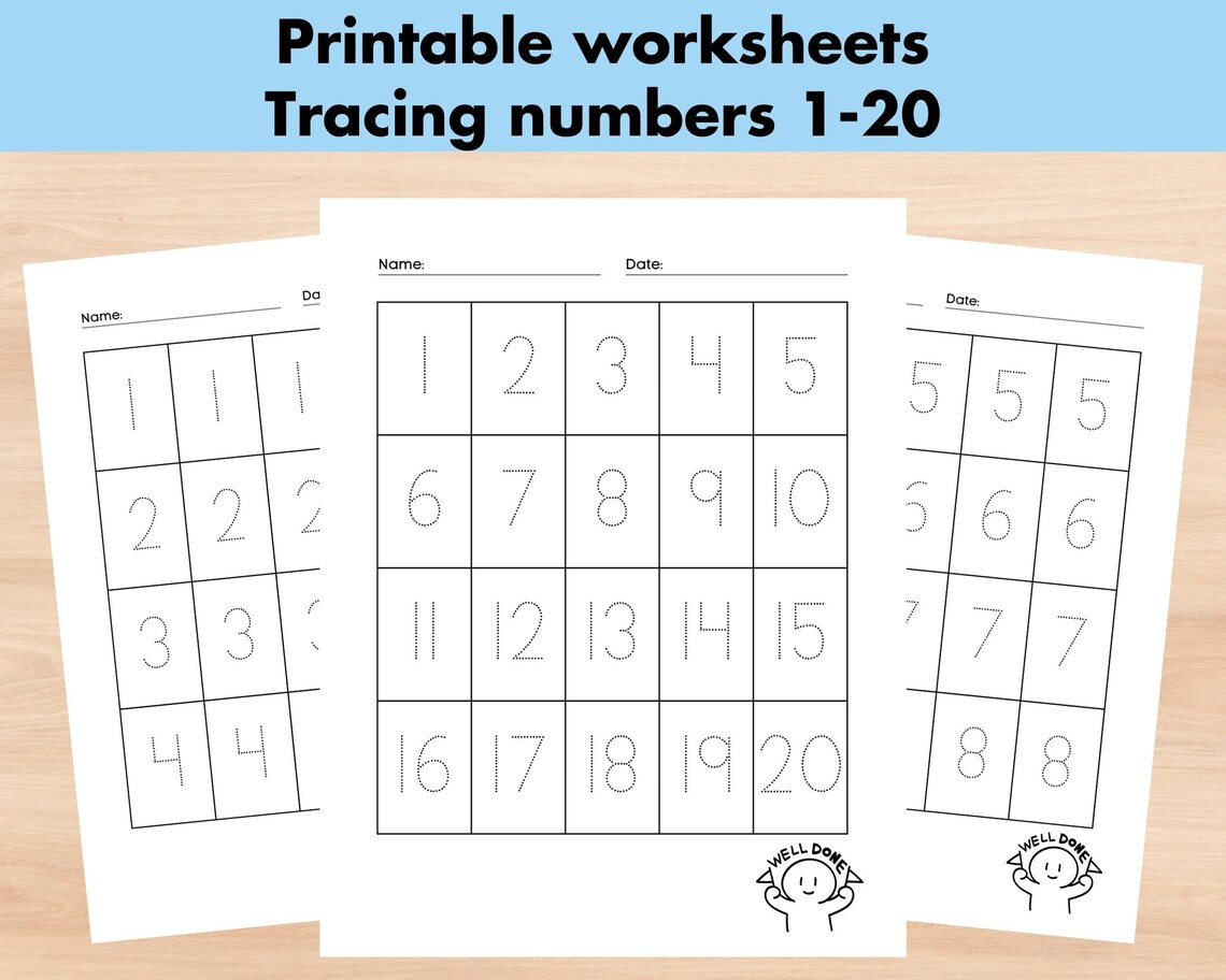 Number Tracing Practice, 1-20 Tracing Worksheet, Printable Preschool ...