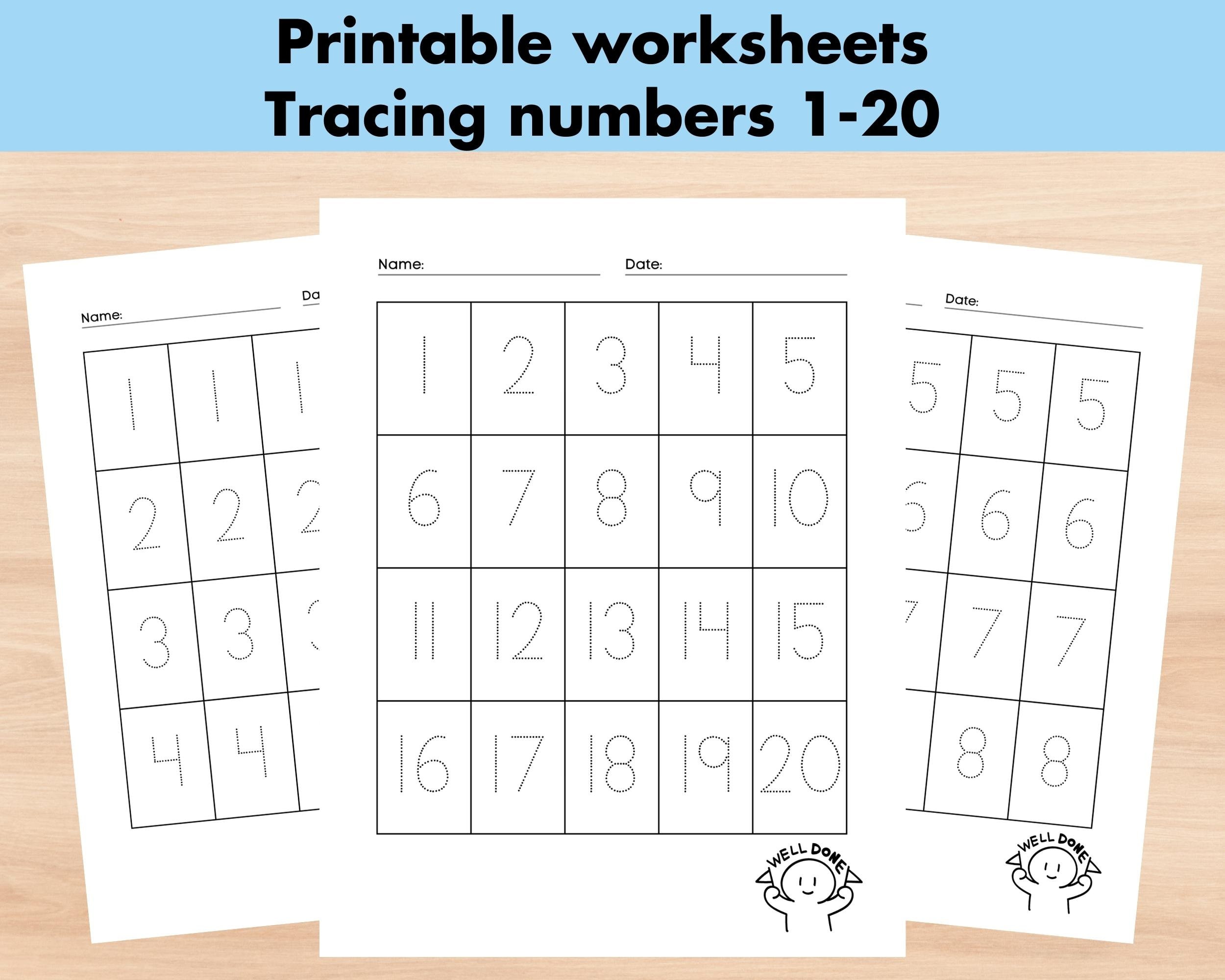 Number Tracing Practice, 1-20 Tracing Worksheet, Printable Preschool ...
