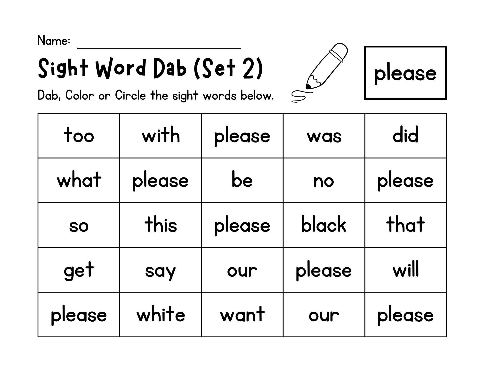 Sight Word Dab It Worksheet, Sight Word Activity, Kindergarten ...
