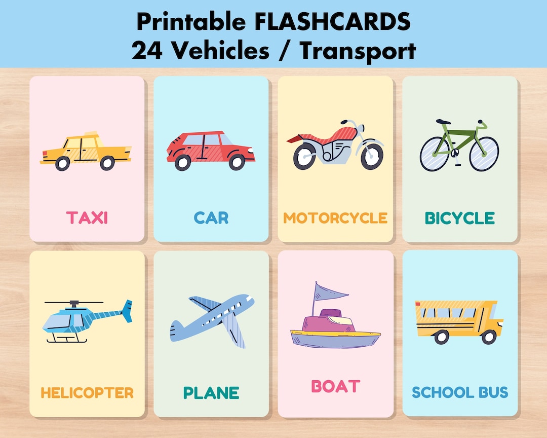 24 Vehicles Flashcards, Printable Montessori Flash Cards,pre-school ...