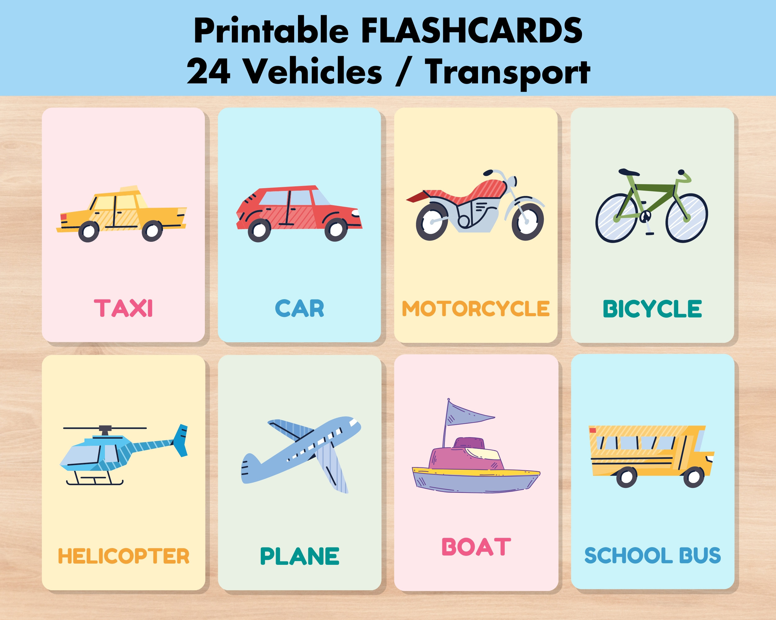 24 Vehicles Flashcards, Printable Montessori Flash Cards,pre-school ...