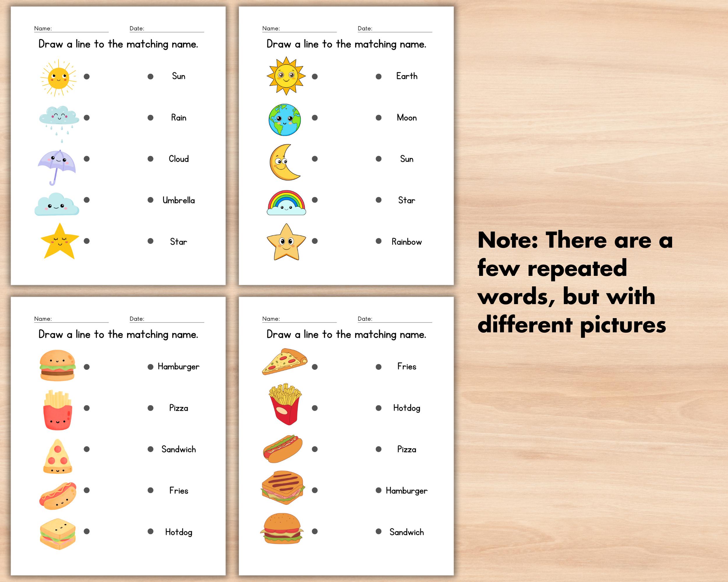 55 Printable Matching Names Worksheets, Match the Picture, Kindergarten ...