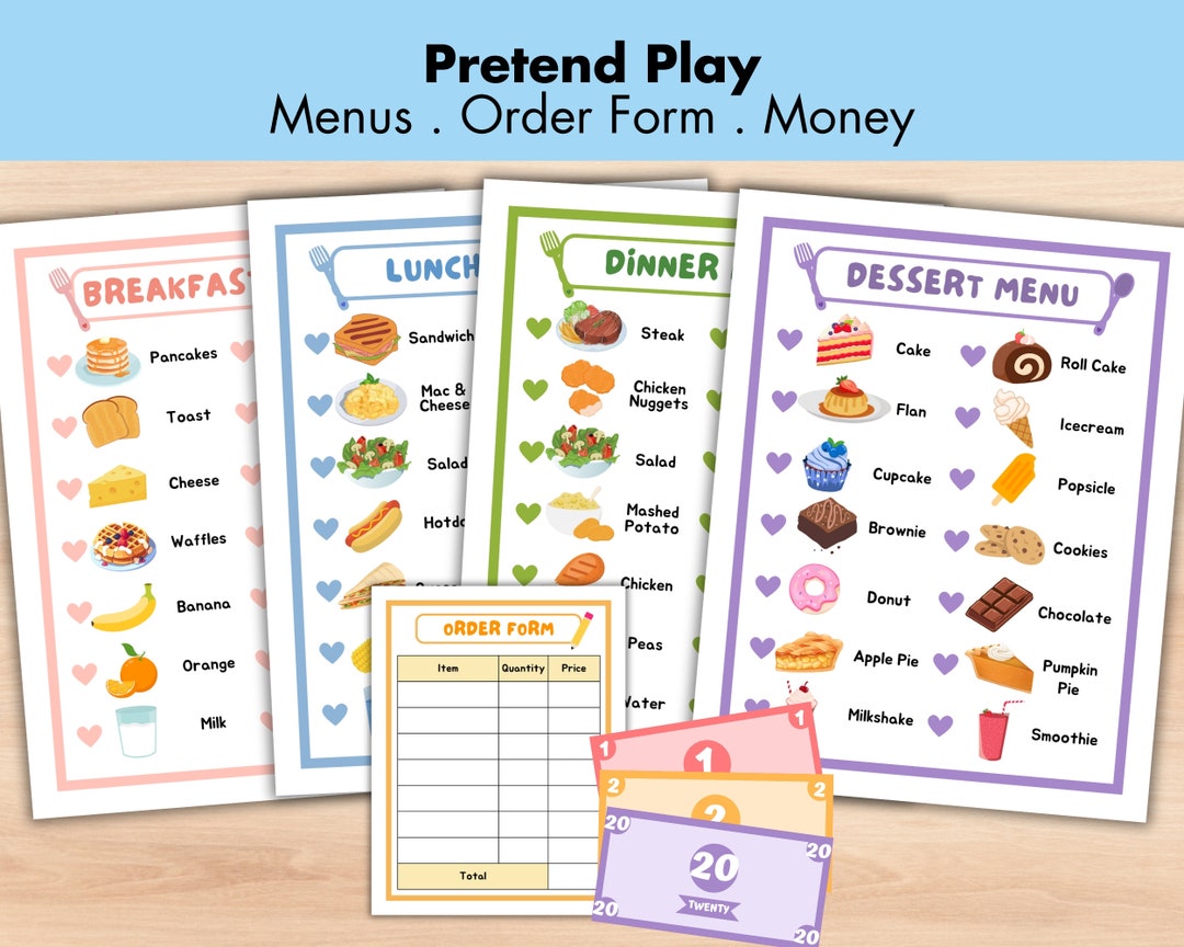 Pretend Play Menus, Pretend Restaurant Menus Kids Kitchen,printable ...