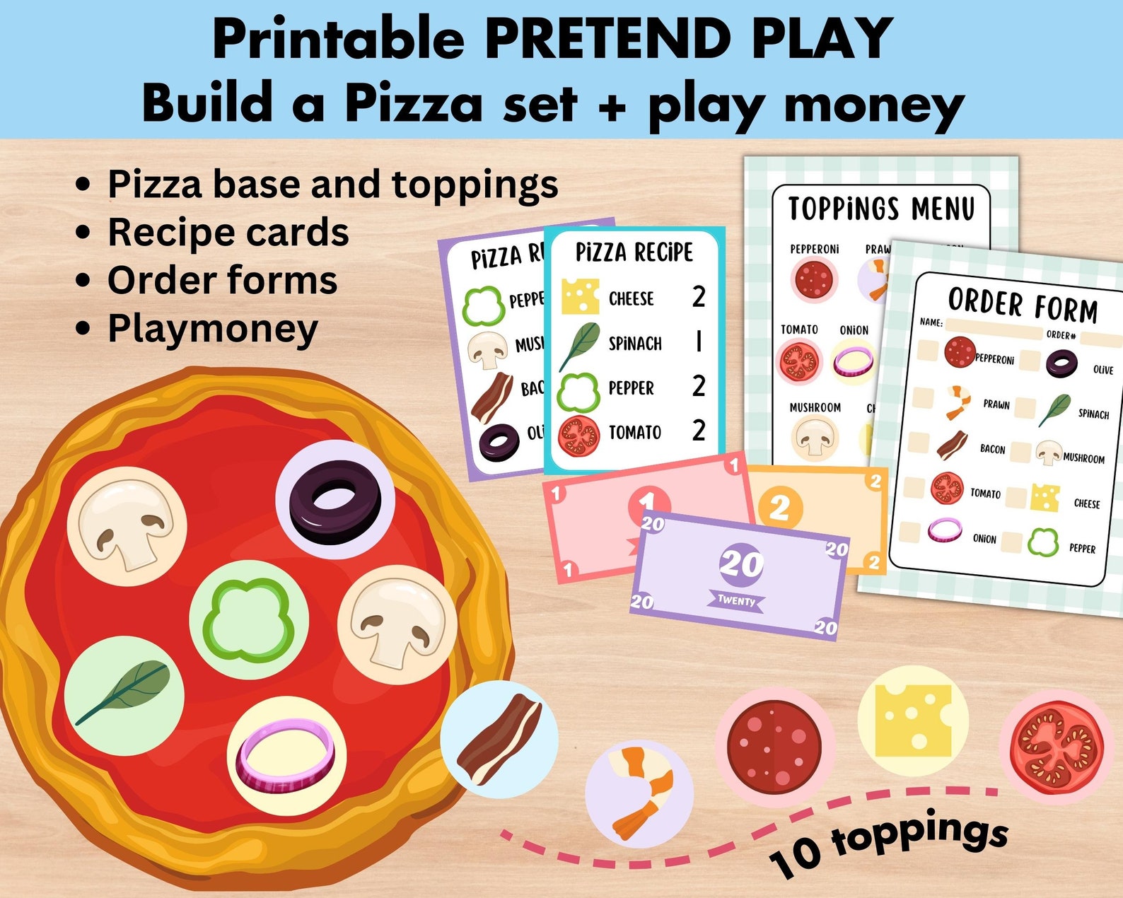 Pretend Play Build a Pizza, Dramatic Play Set, Playmoney, Homeschool ...