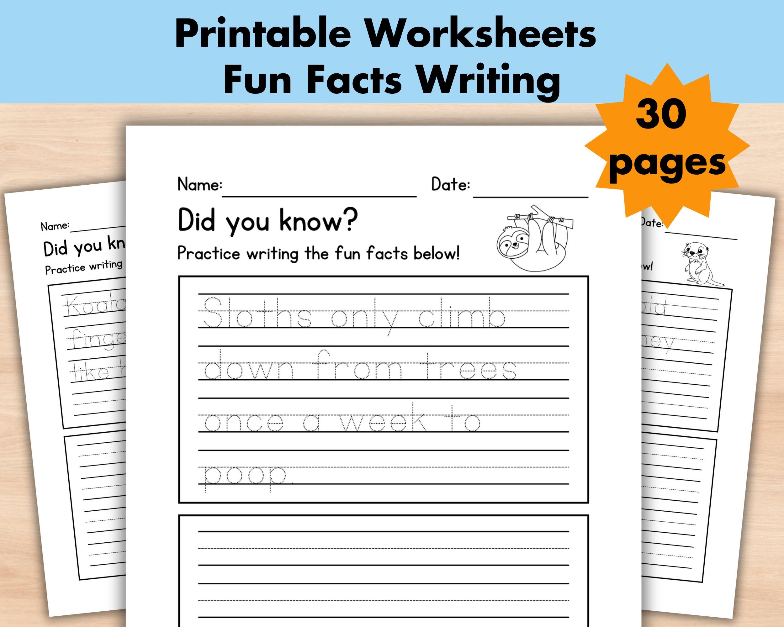 Write the Sentence Worksheets, Handwriting Trace Fun Facts, Printable ...