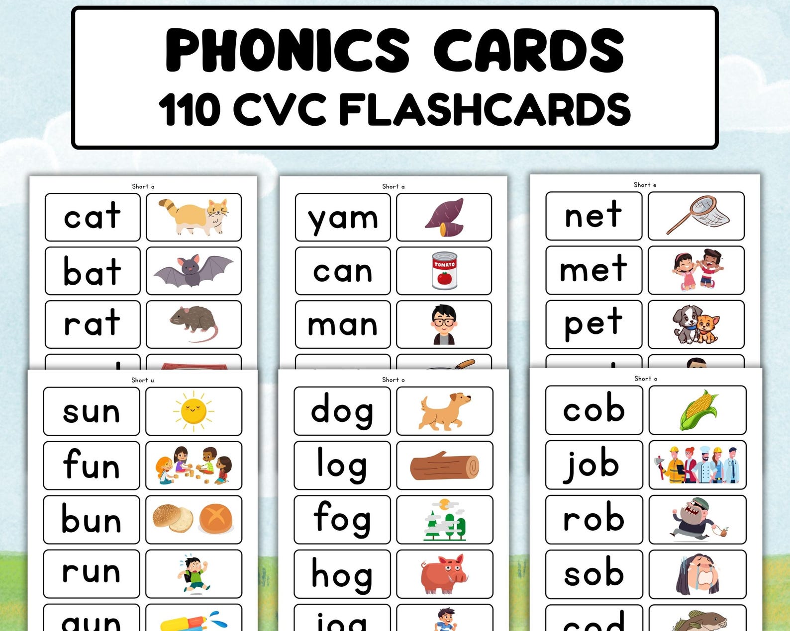 110 CVC Flashcard, CVC Words for Kids, Phonics Cards, Short Vowels ...
