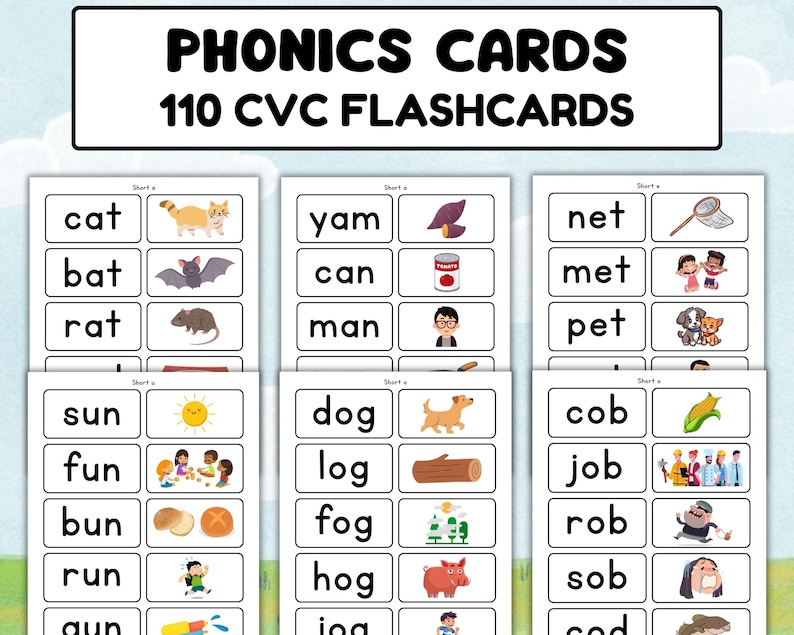 110 CVC Flashcard, CVC Words for Kids, Phonics Cards, Short Vowels ...