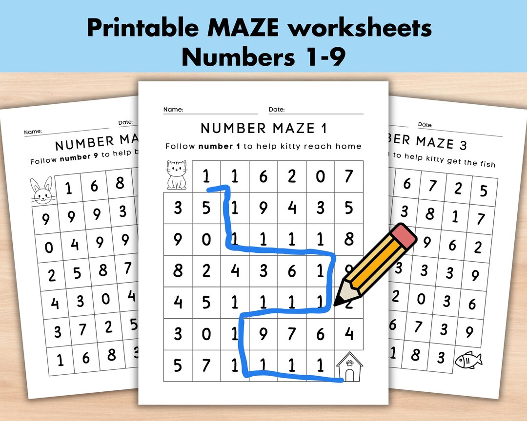 Number Recognition Maze 1-9 for Kid, Printable Preschool Math Number ...