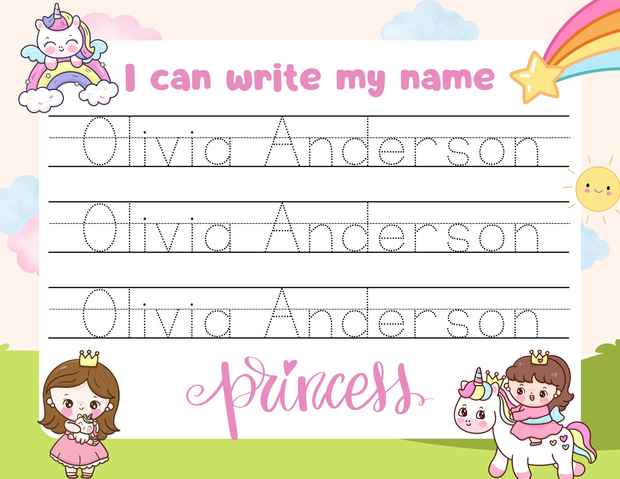 Princess Custom Name Tracing Sheet Unicorn Personalised Name Trace ...