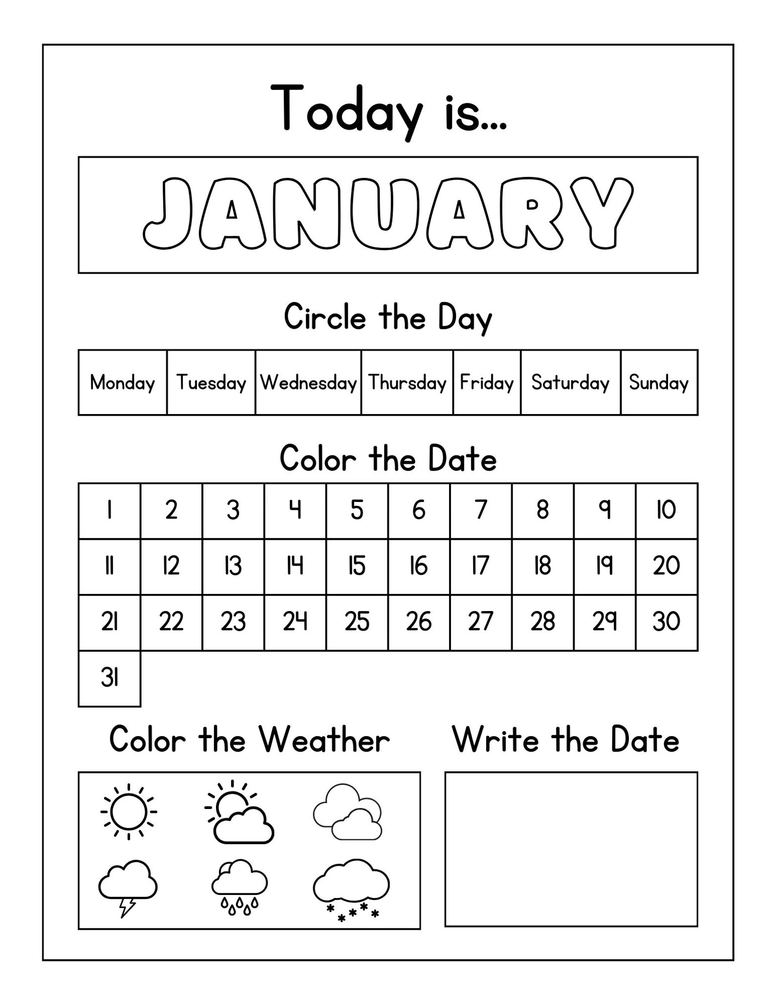 Calendar Worksheet Pages, Daily Calendar, Month Day Date, Weather ...