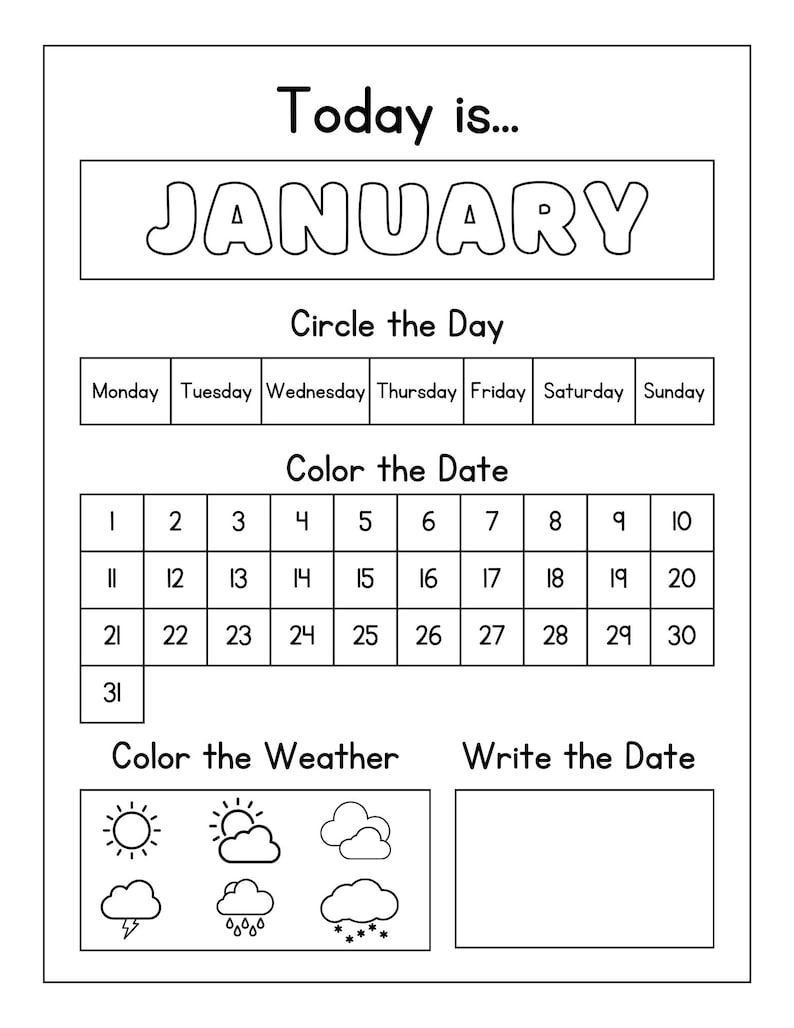 Calendar Worksheet Pages, Daily Calendar, Month Day Date, Weather ...