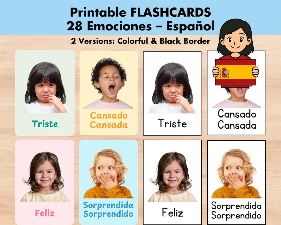 Spanish Emotions Flashcards for Kids Printable, 28 Real Photo Emotions ...