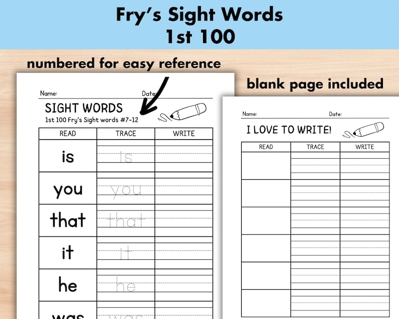 100 Printable Sight Words, 1st 100 Fry Sight Words, Kindergarten Sight ...