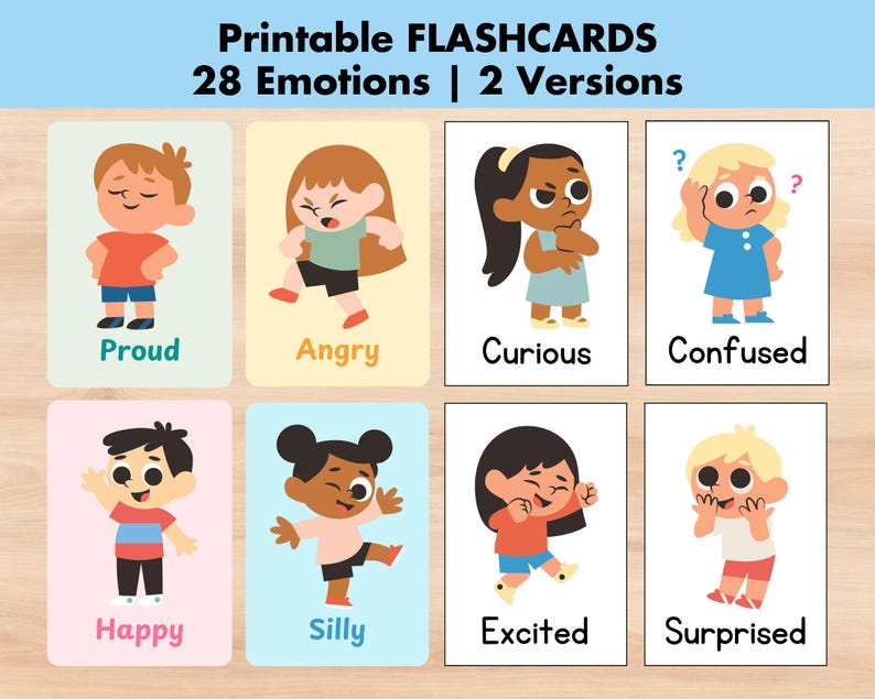 28 Emotions Flashcards, Printable Feelings Flash Cards, Children ...