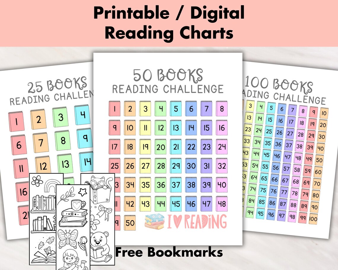 Printable Reading Challenge Chart Rainbow, Kids Book Tracker Bookmarks ...