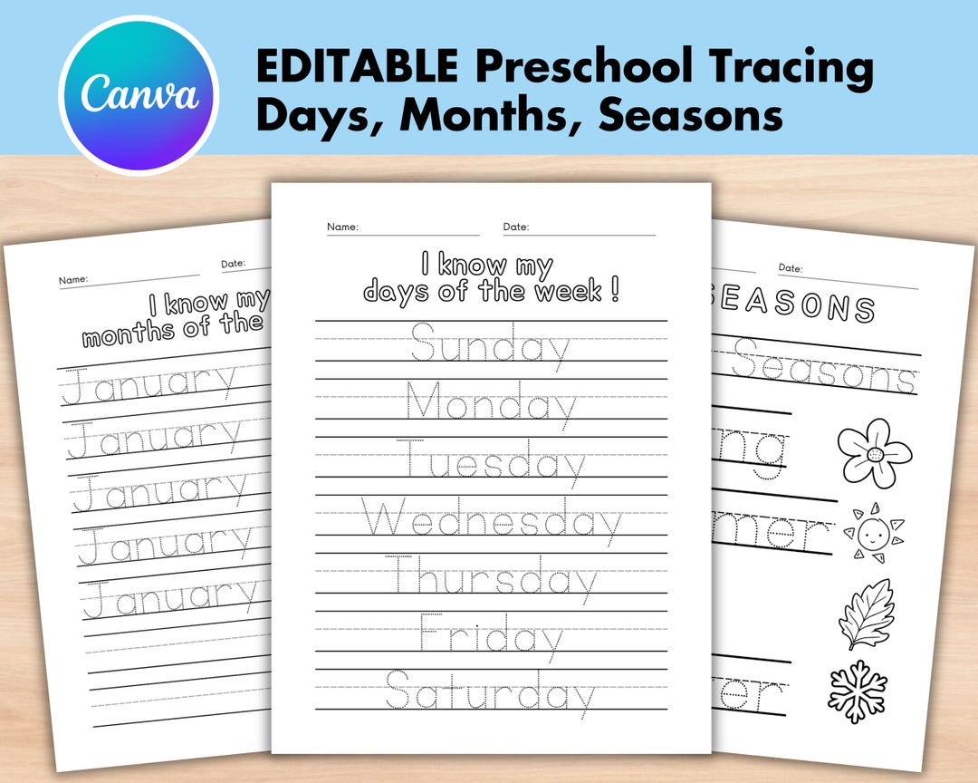Canva EDITABLE Tracing Months Preschool Worksheet, Days of the Week ...