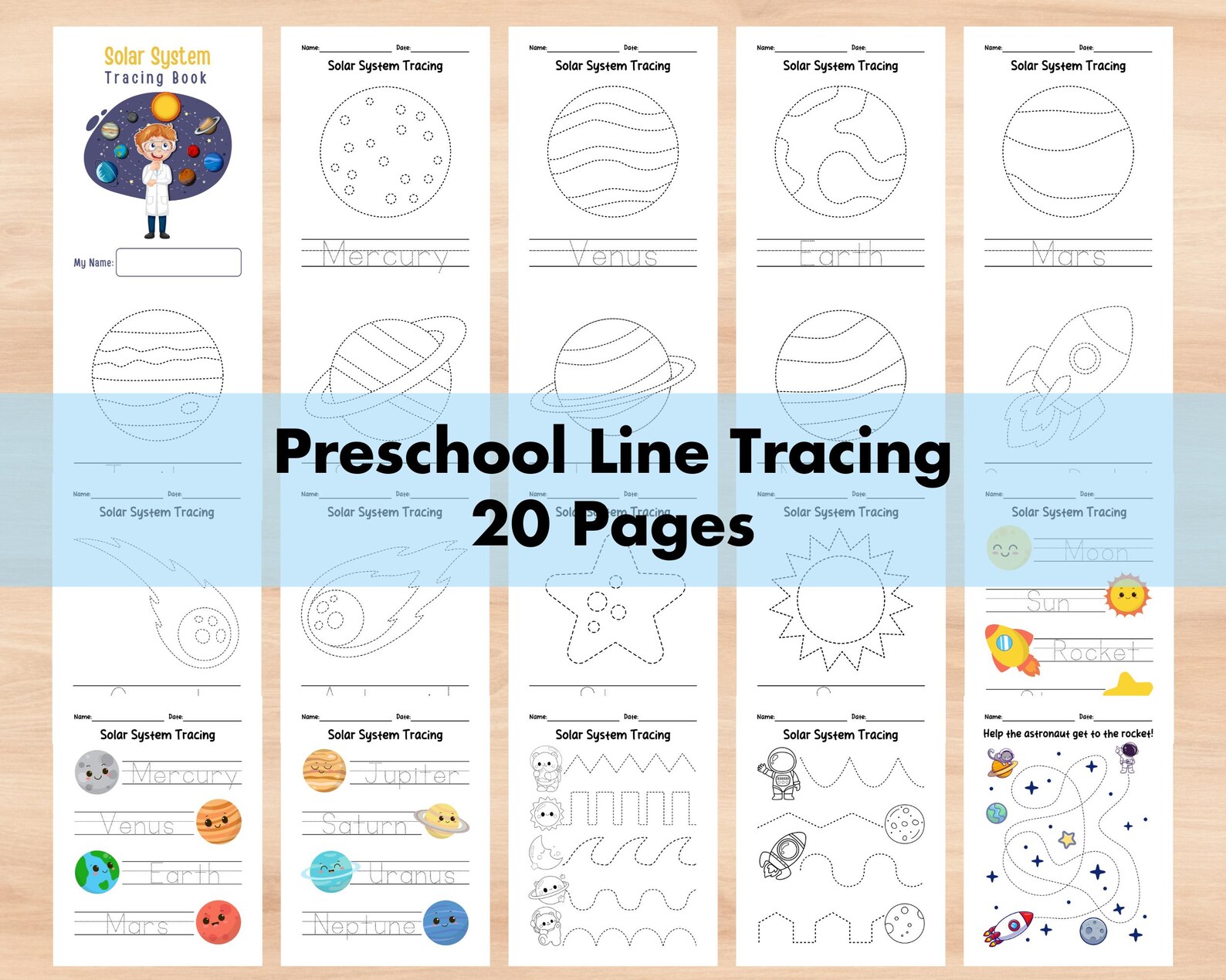 Solar System Tracing Bundle, Planet Name Line Trace Page Printable ...