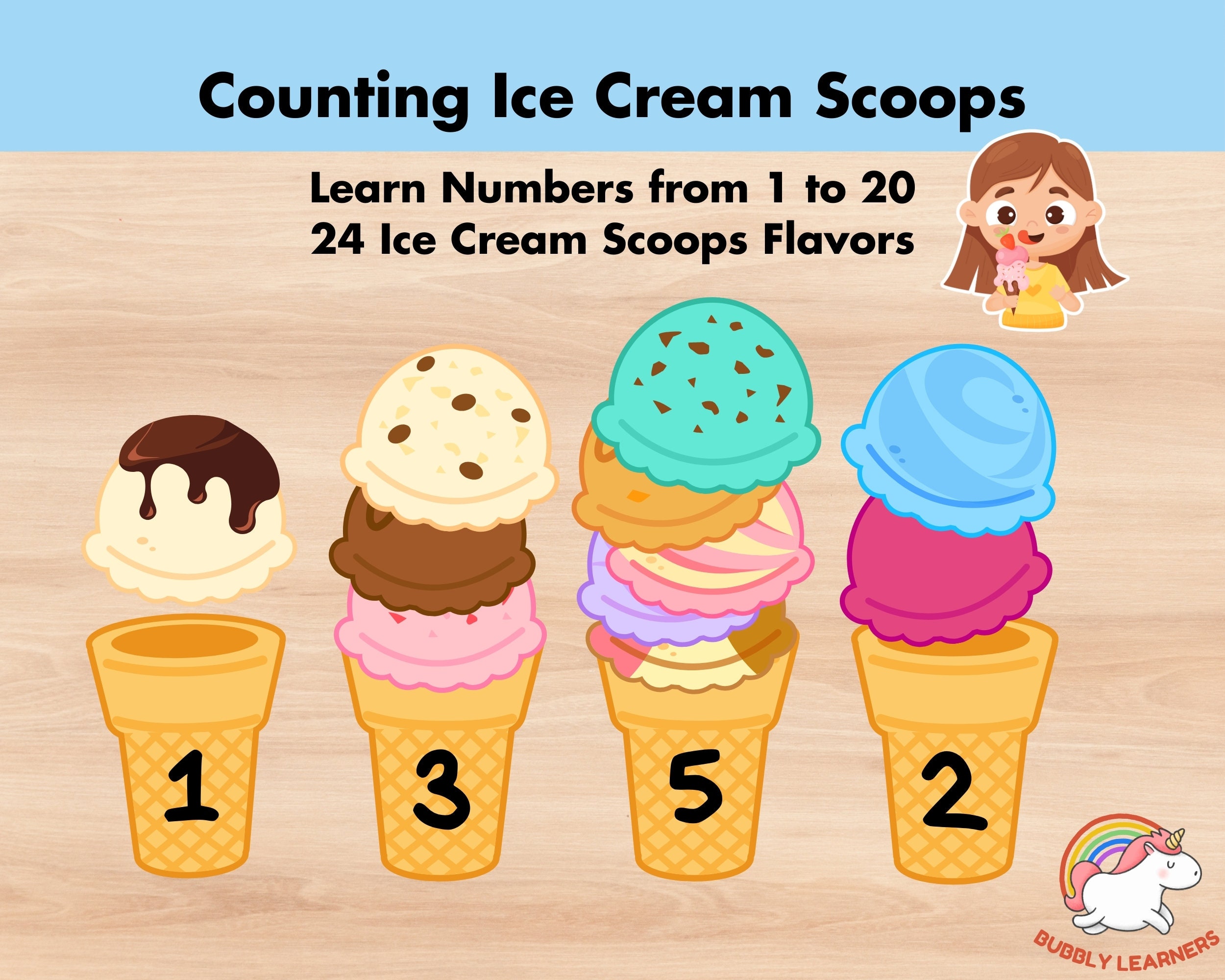 Count the Ice Cream Scoops, Printable Preschool Math Counting 1-20 ...