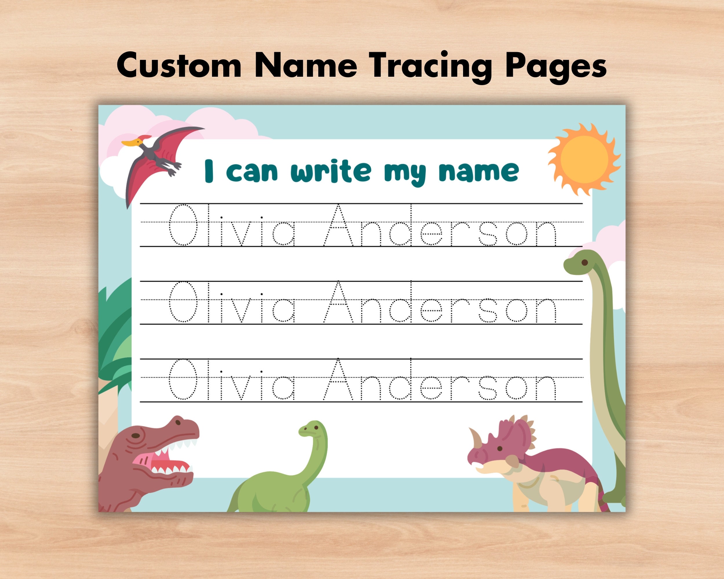 Dinosaur Custom Name Tracing Sheet Personalised Name Trace Handwriting ...
