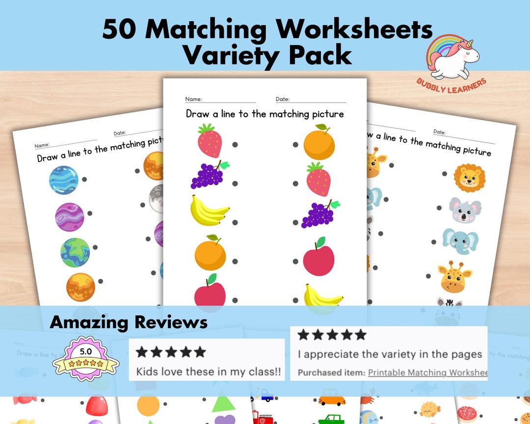50 Printable Matching Worksheets, Match the Picture, Kindergarten ...