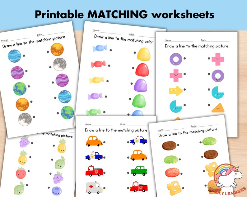 50 Printable Matching Worksheets, Match the Picture, Kindergarten ...