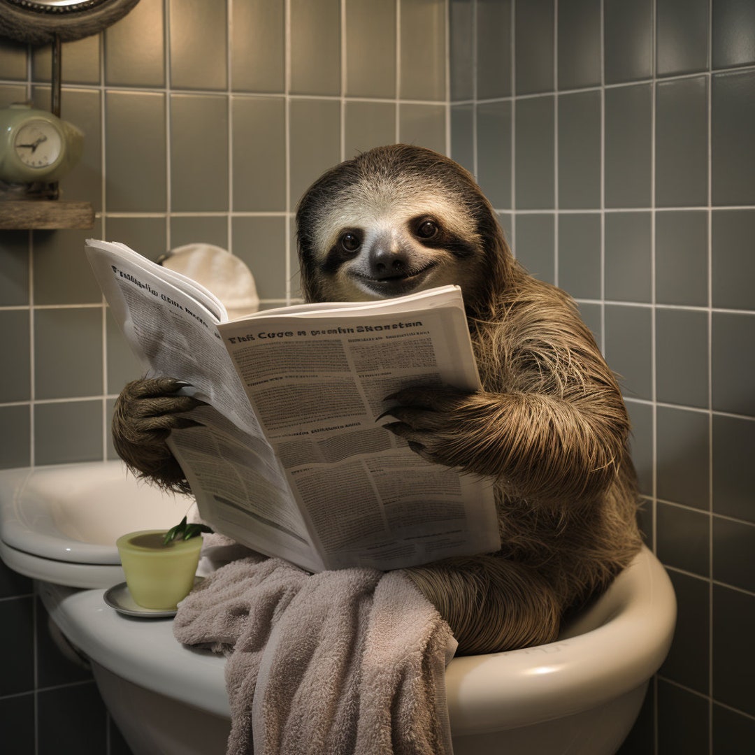 Sloth Wall Art Poster, Funny Sloth Sitting on a Toilet in the Bathroom ...