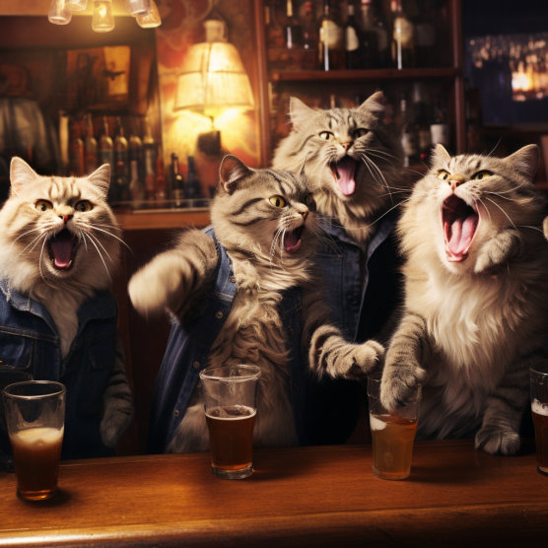Drunk Cat Wall Art Poster, Funny Drunk Cat, Cat Drinking Beer, Cat in a ...