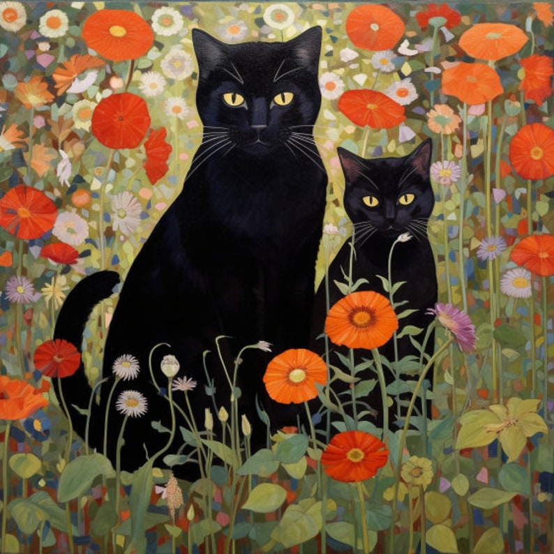 Gustav Klimt Garden Cat Print, Klimt Flowers Cat Poster, Black Cat Wall Poster Painting Floral ...