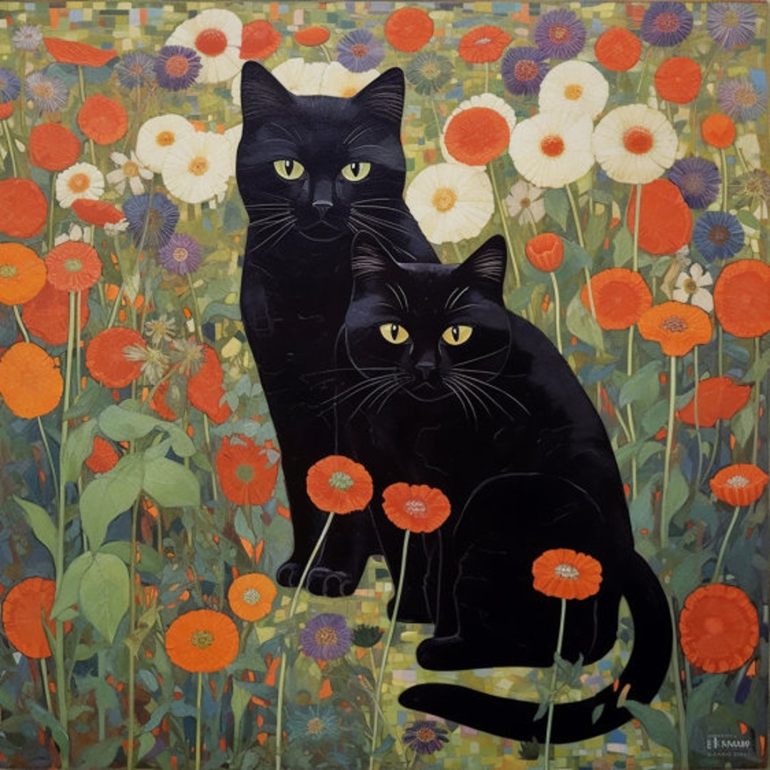 Gustav Klimt Garden Cat Print, Klimt Flowers Cat Poster, Black Cat Wall ...