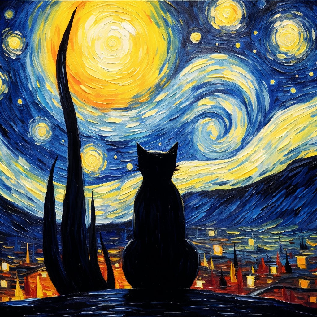 Vincent Van Gogh's the Starry Night Cat Print, Van Gogh Cat Poster ...