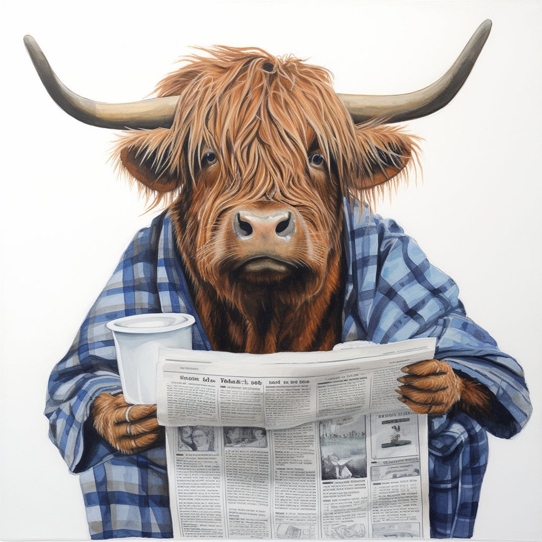 Scottish Highland Cow in Bathroom Reading Newspaper, Funny Bathroom Art ...