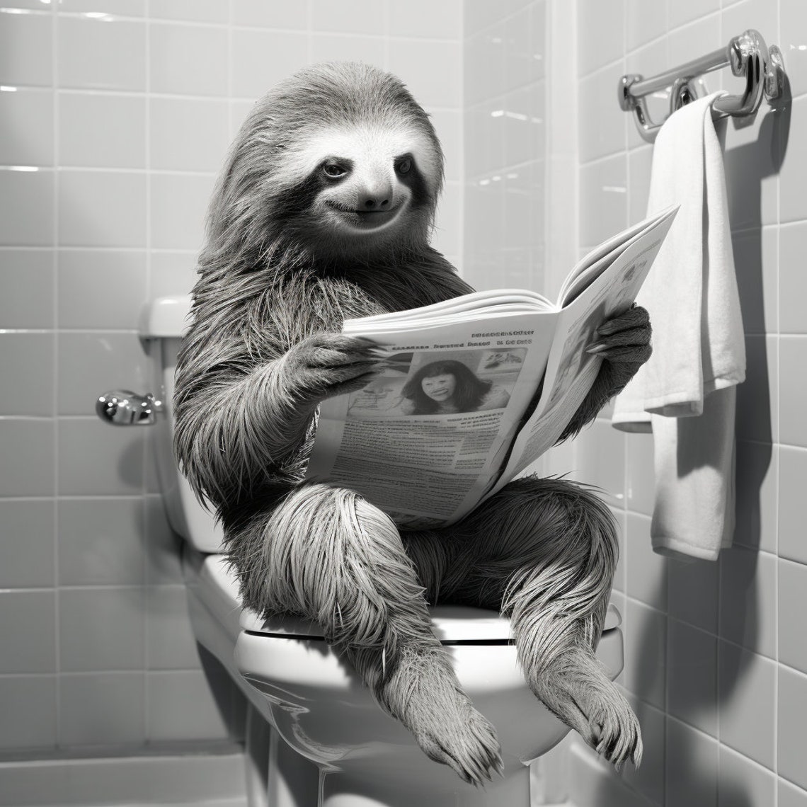 Sloth Wall Art Poster, Funny Sloth Sitting on a Toilet in the Bathroom ...