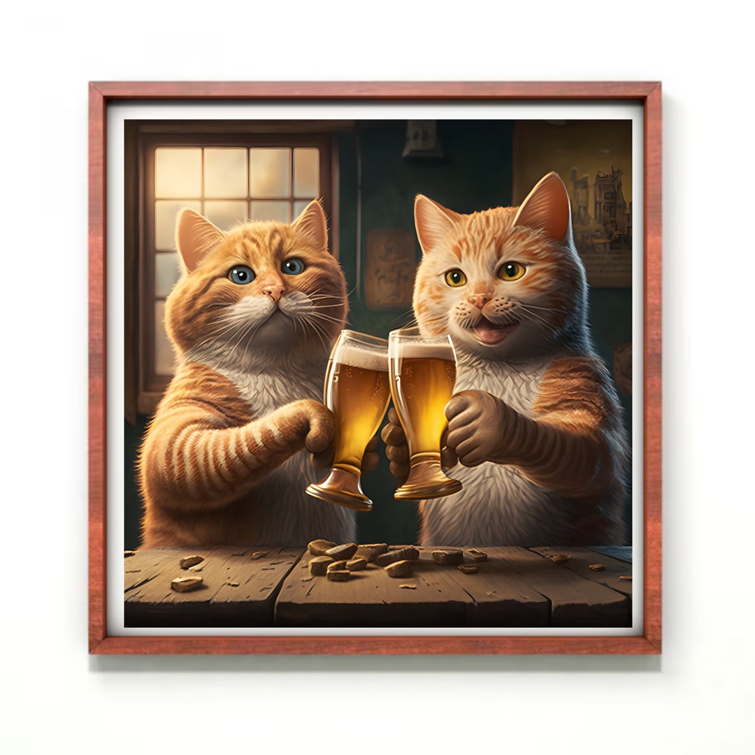 Cat Wall Art Poster, Funny Drunk Cat, Cat Drinking Beer, Grumpy Cat in ...