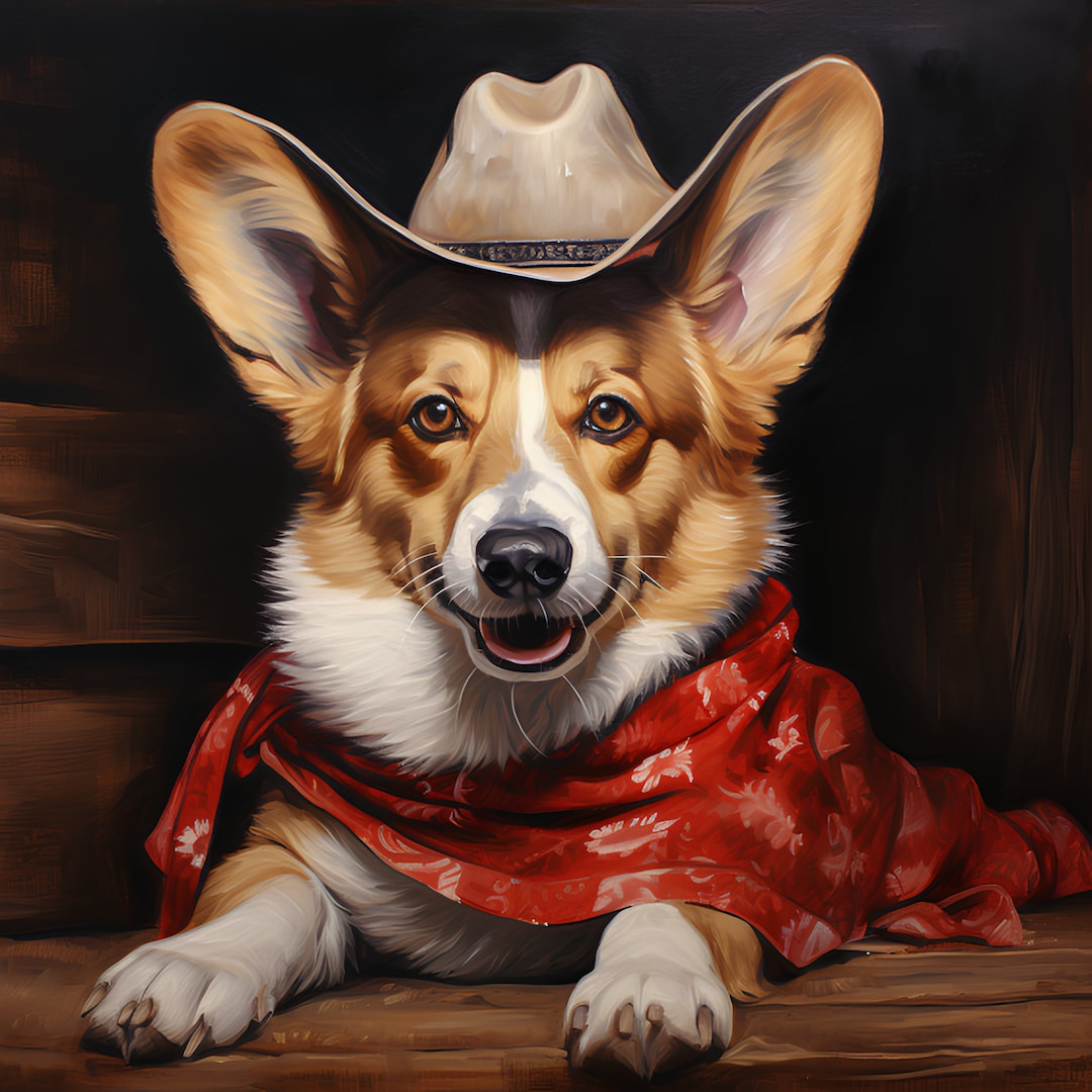 Dog Wall Art Print, Corgi Wearing Cowboy Hat, Dog Painting, Corgi ...